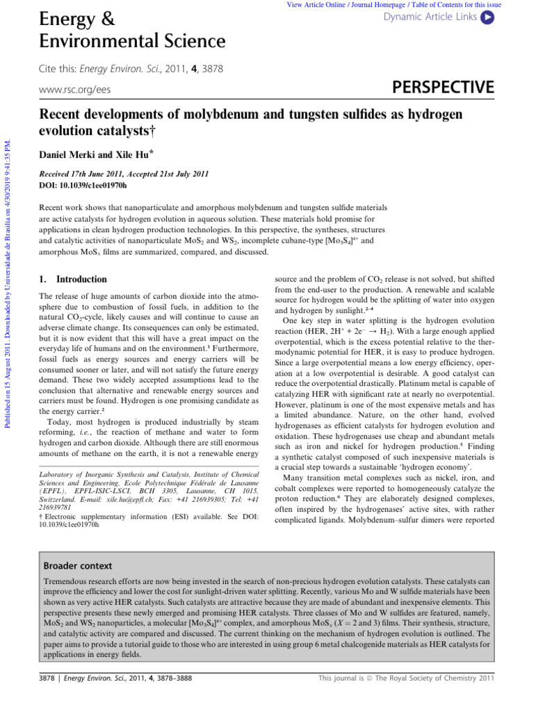 Recent Developments of Molybdenum and Tungsten Sulfides As Hydrogen Evolution Catalysts | PDF ...