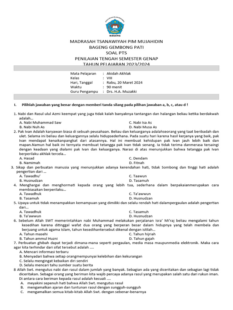 Soal Pts Genap Aqidah Akhlaq Kls Viii 2023-2024 | PDF