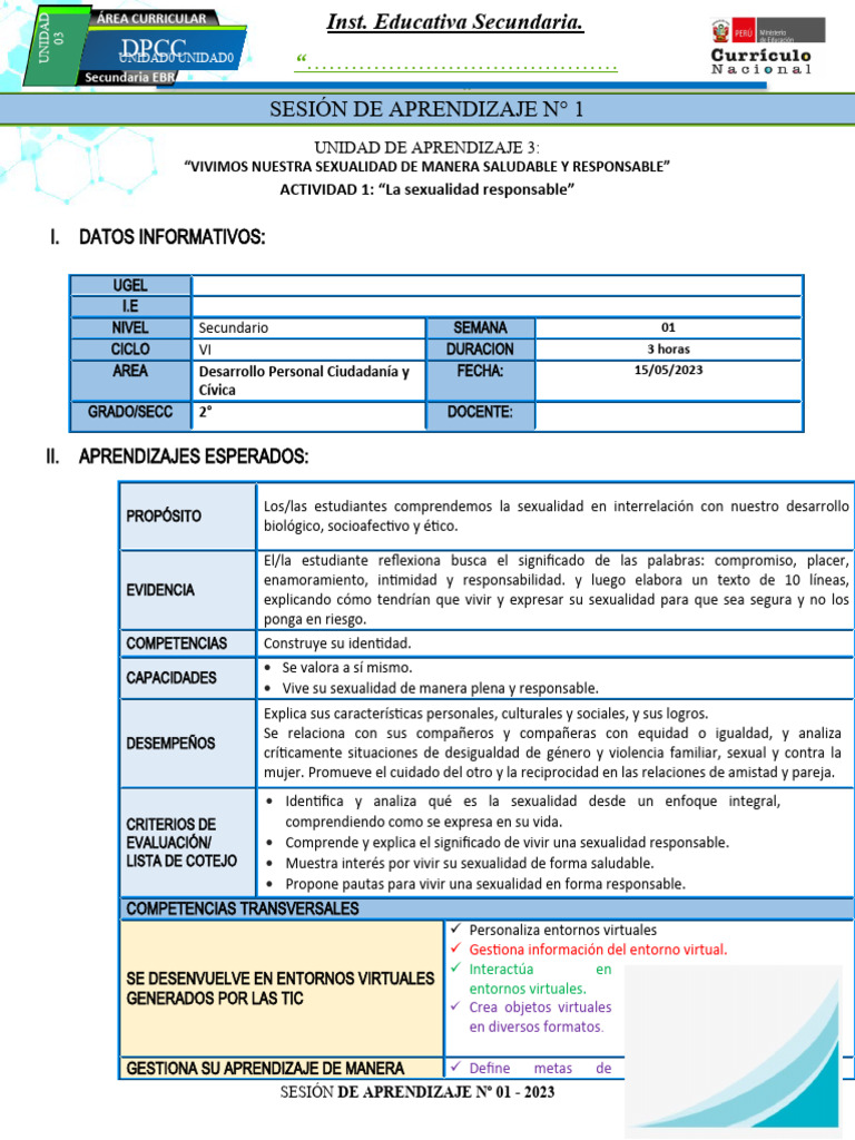 2º DPCC- SES 1 UNI 3 - SEM 01 | Descargar gratis PDF | Aprendizaje | La sexualidad humana