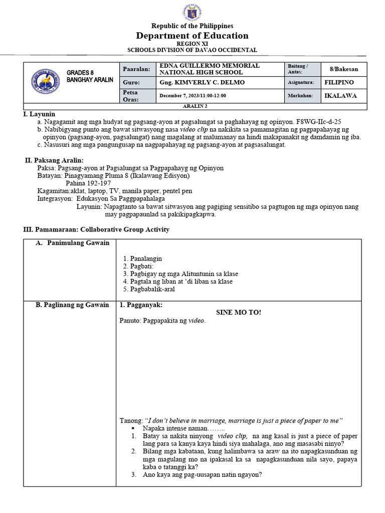 BANGHAY ARALIN - Pagsang Ayon at Pagsalungat | PDF