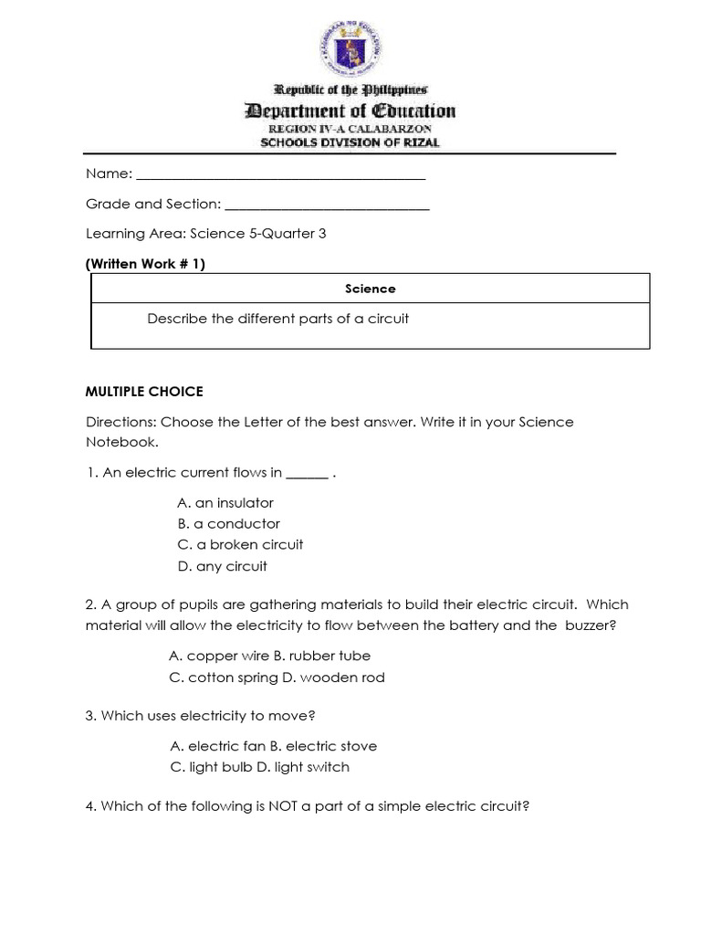 Grade5 Q3 WW1 Science | PDF | Electric Current | Electricity