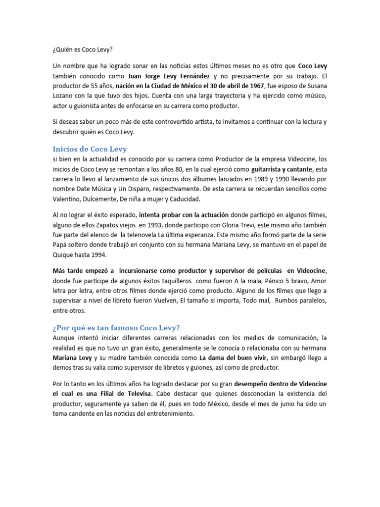 Coco Levy: Biografía y Controversias | PDF