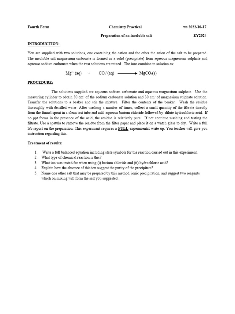 EY 2024 Week 5 Fourth Practical Preparation of An Insoluble Salt | PDF