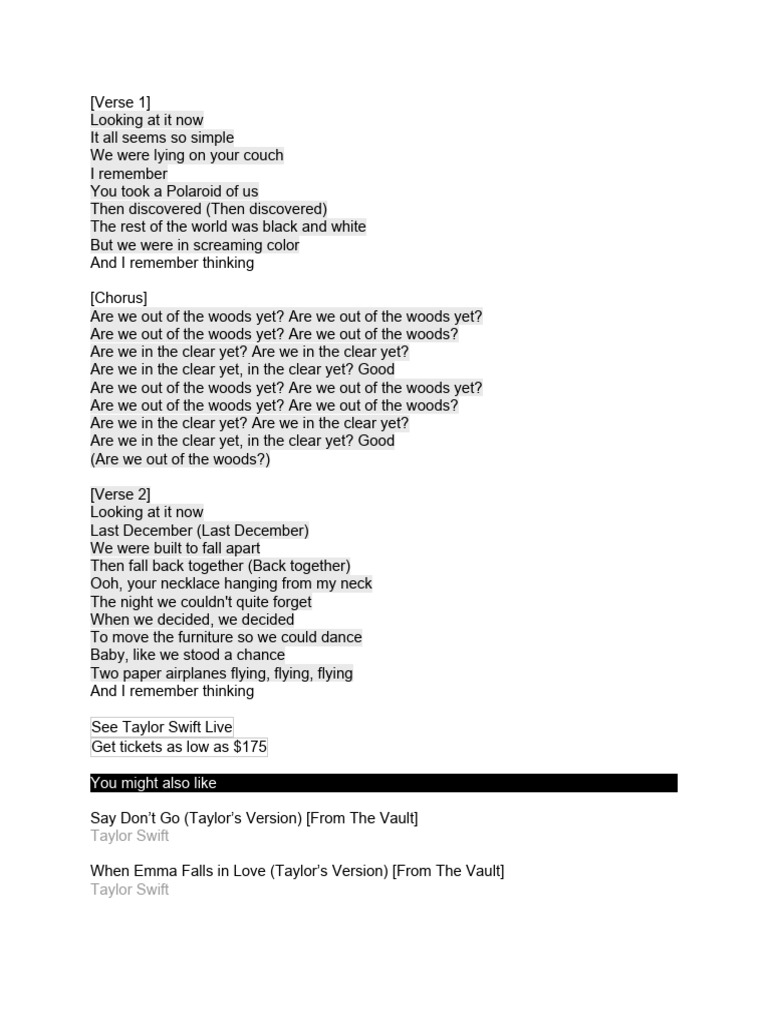 Taylor Swift "Out of the Woods" Lyrics | PDF | Recorded Music | Songs