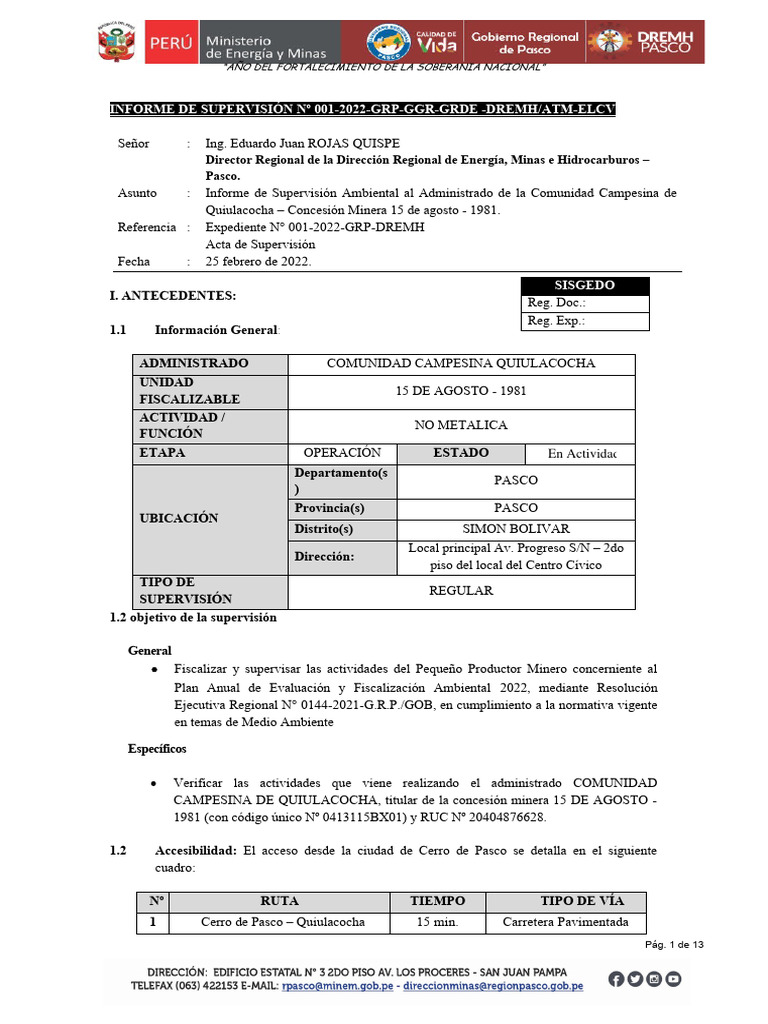 INF SUP - 001-2022 - CC QUIULACOCHA - 15 de Agosto 1981 | PDF ...