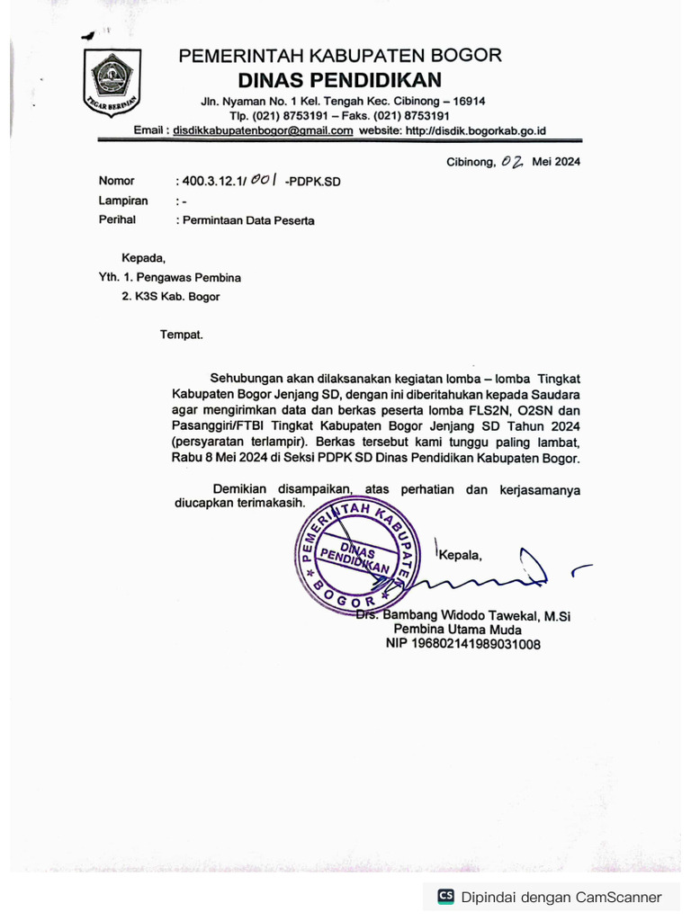 Surat Pernyataan Data Atau Berkas Peserta Lomba Tingkat Kabupaten Bogor Jenjang SD Tahun 2024 | PDF