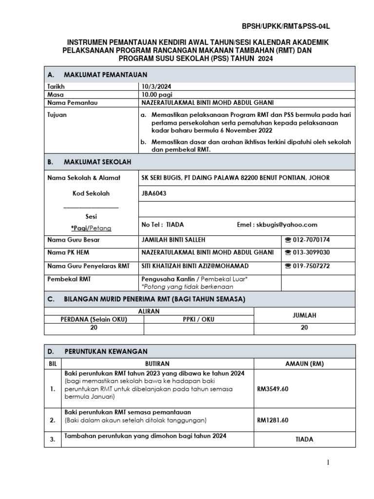 Instrumen - Pemantauan RMT - PSS | PDF