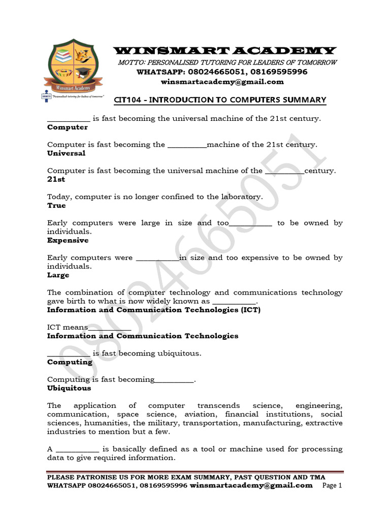 Cit104 Introduction To Computers Summary 08024665051 | PDF | Programming | Computer Program