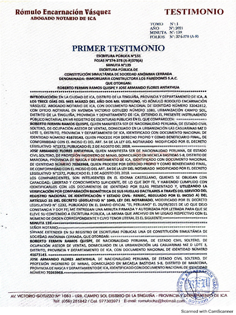 Testimonio de Escritura Pública | PDF
