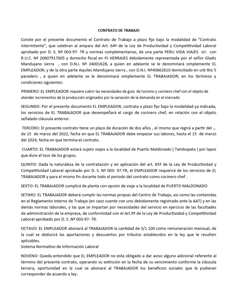 CONTRATO DE TRABAJO AQUILES | PDF | Derecho laboral | Economias