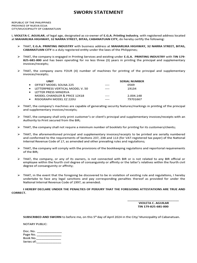 Sworn Statement | PDF | Receipt | Invoice