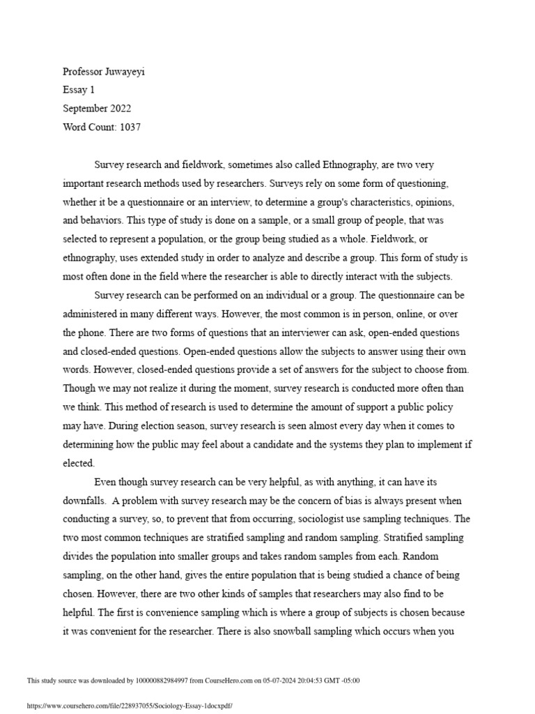 Sociology Essay 1 PDF | PDF | Survey Methodology | Sampling (Statistics)