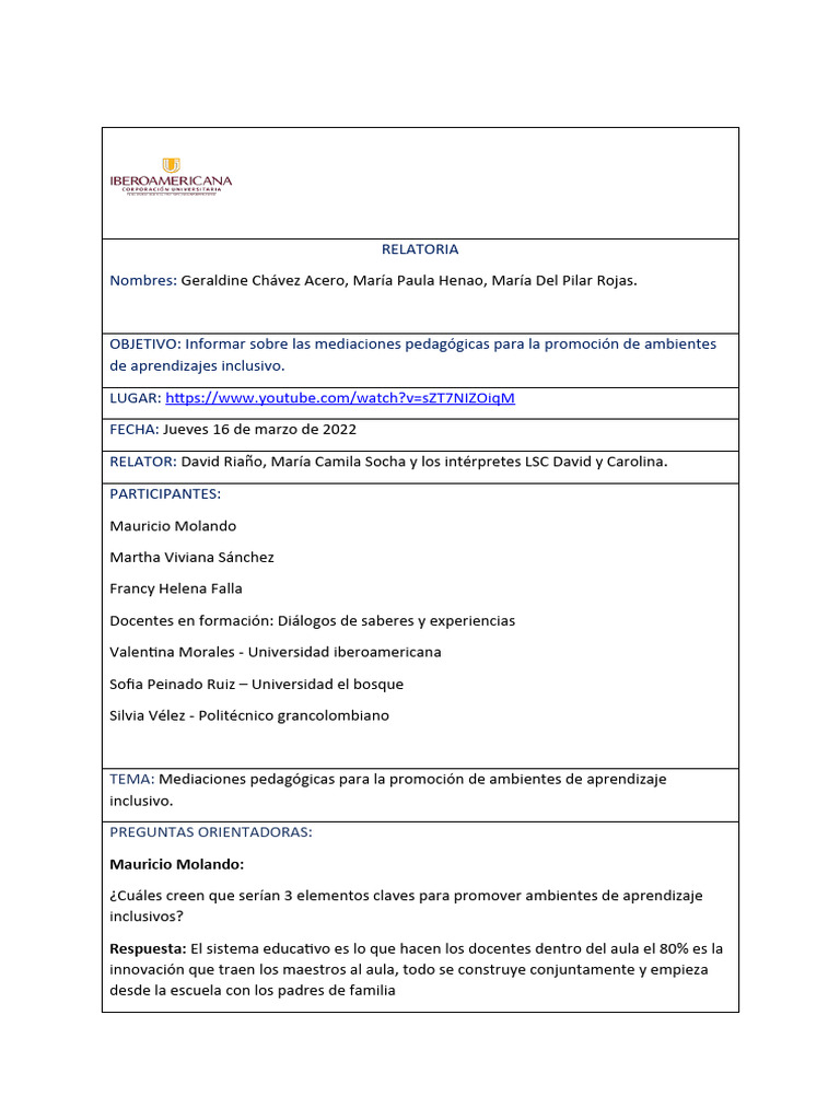 RELATORIA | PDF | Enseñando | Aprendizaje