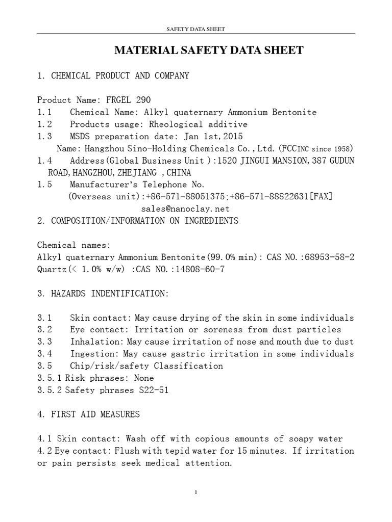 Msds-Organoclay 2015 Frgel 290 | PDF | Materials | Safety
