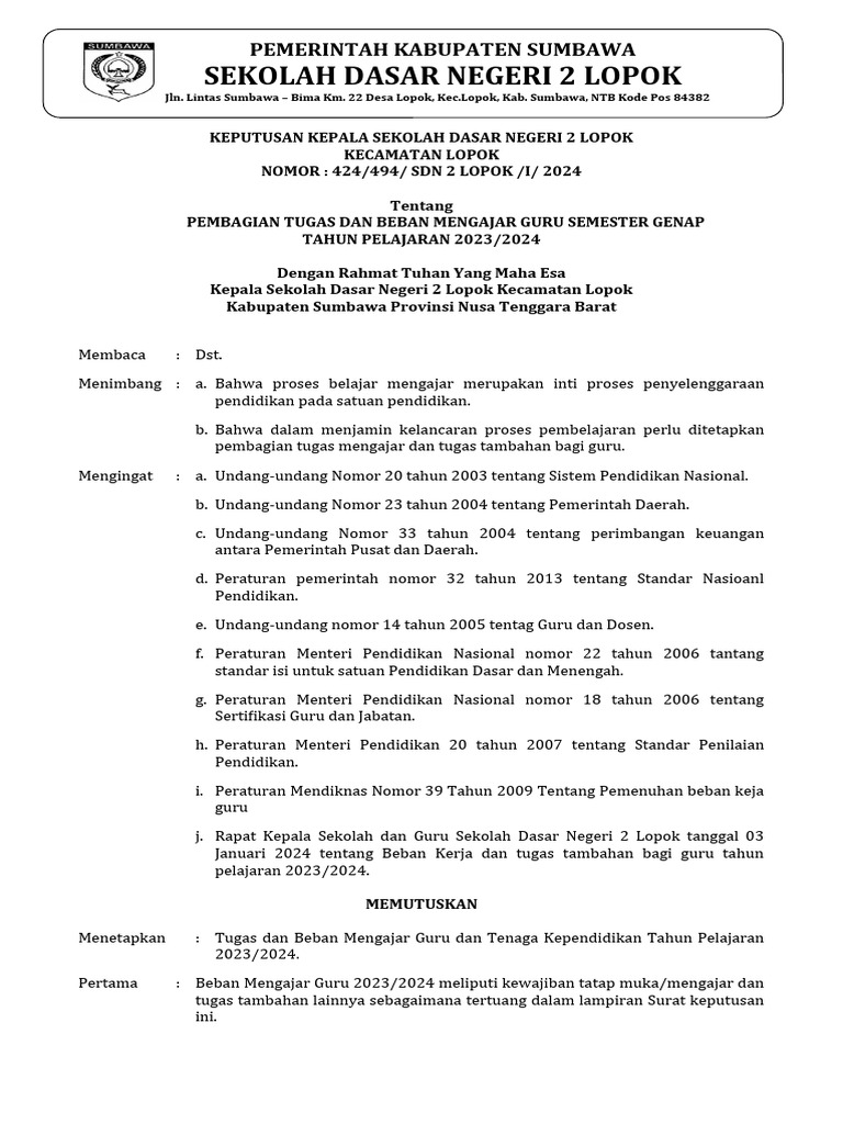 Tugas Mengajar Guru SDN 2 Lopok 2024 | PDF