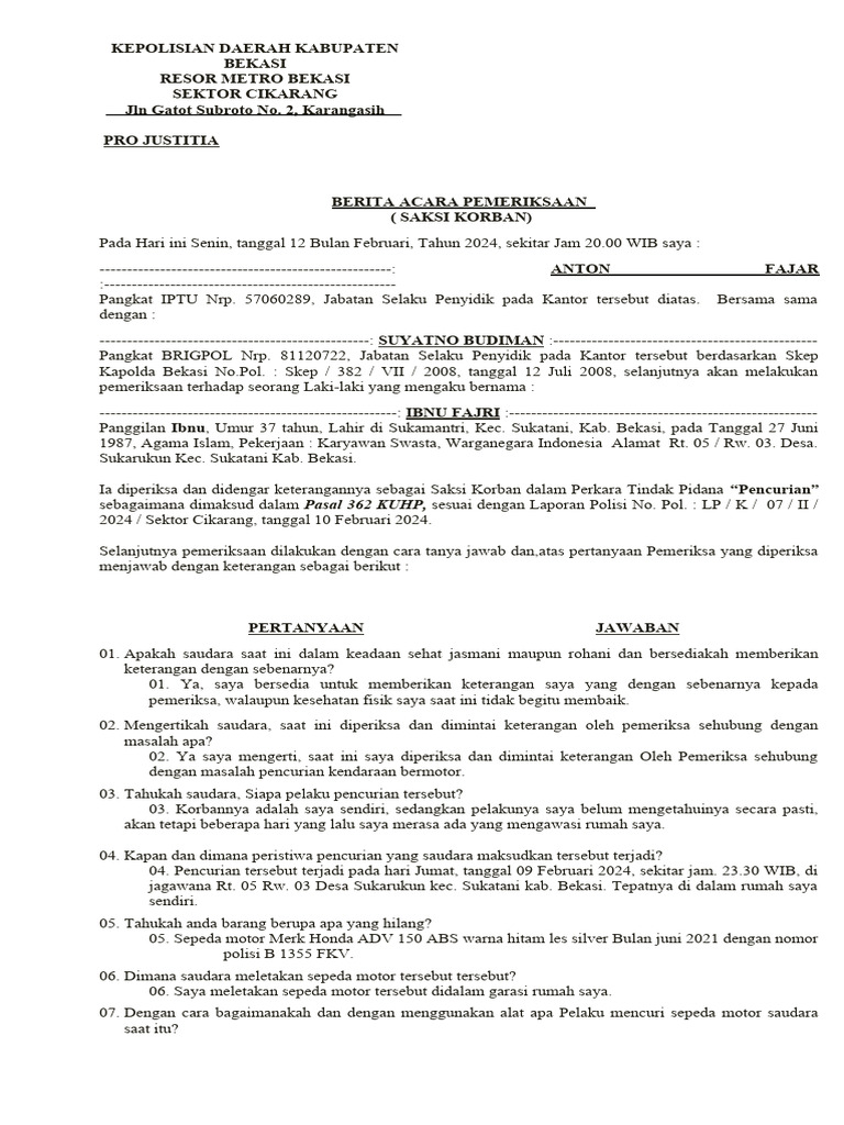 Contoh BAP Saksi Korban | PDF