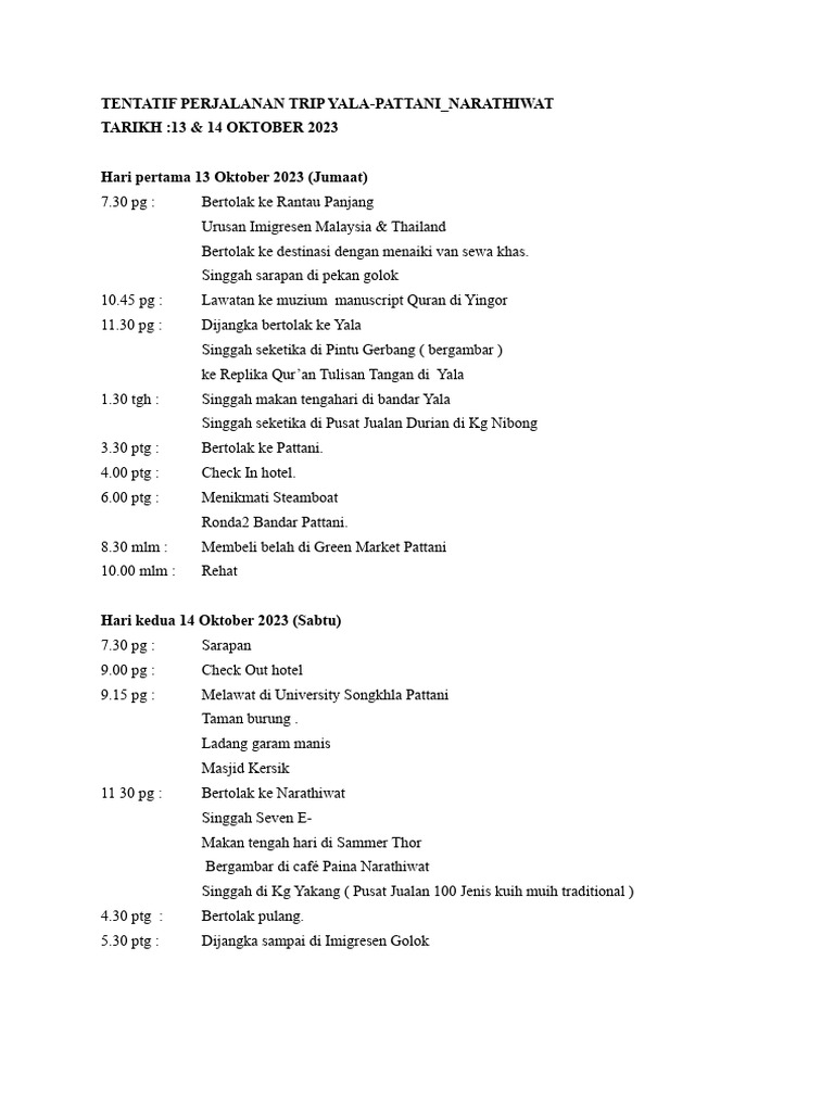 Rencana Perjalanan Yala-Pattani 2023 | PDF