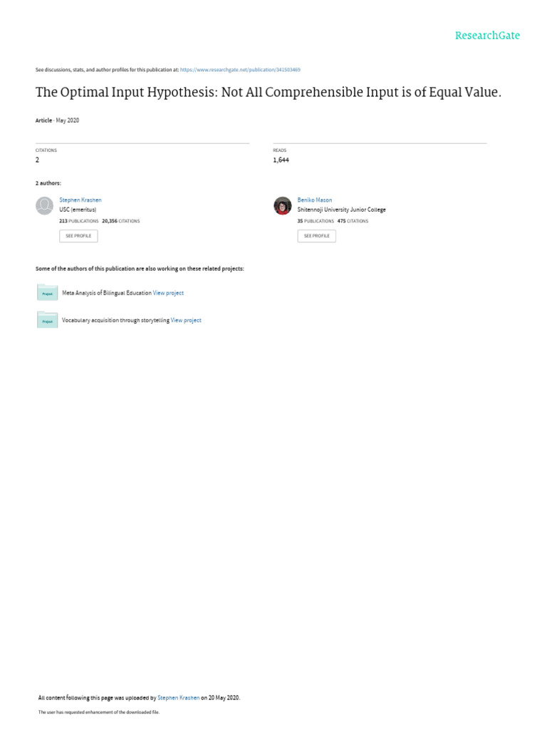The Optimal Input Hypothesis Not All Comprehensible Inputisof Equal ...