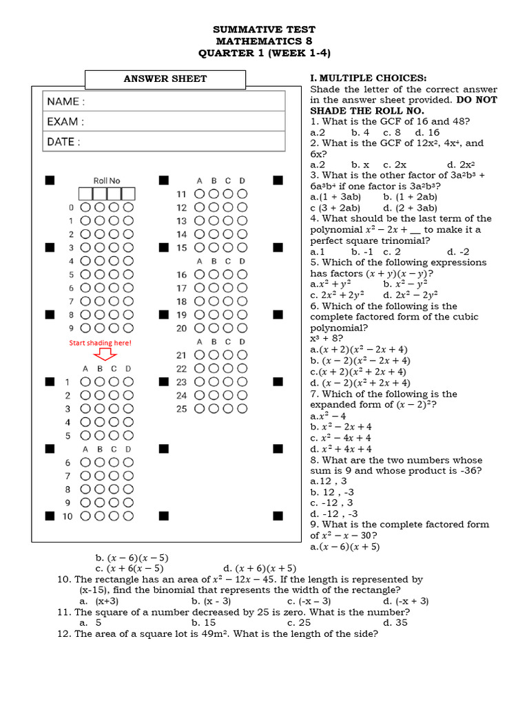 Final Summative q1 g8 | PDF | Factorization | Mathematical Objects