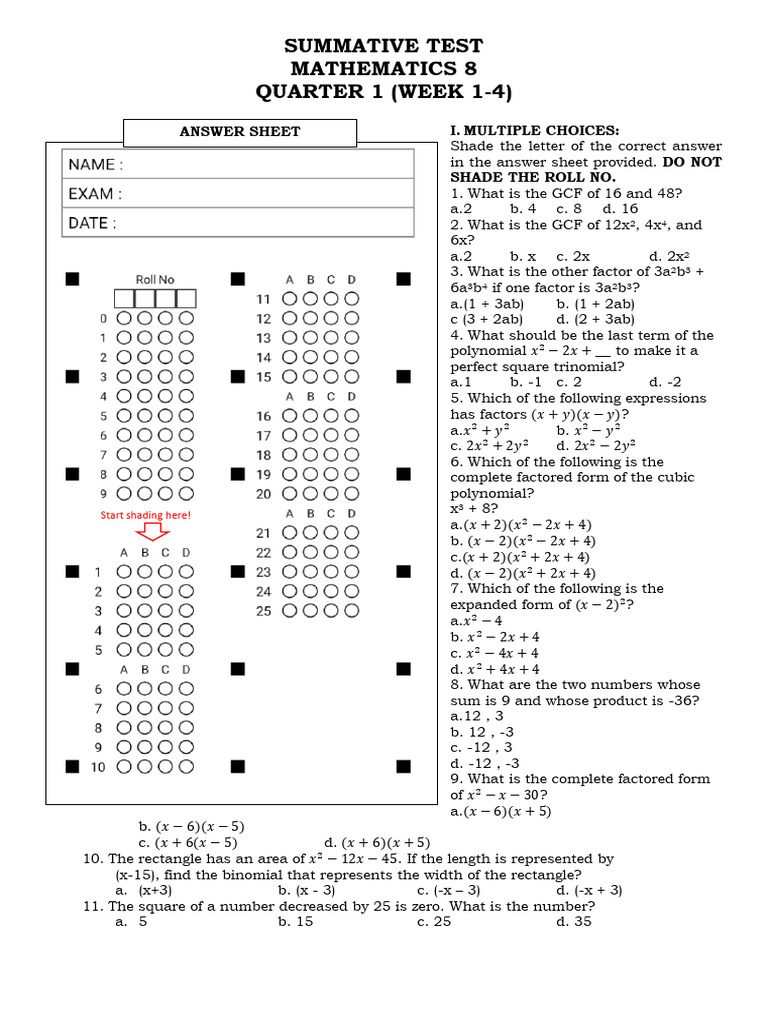 Math 8 Summative Q1 | PDF | Factorization | Mathematical Objects