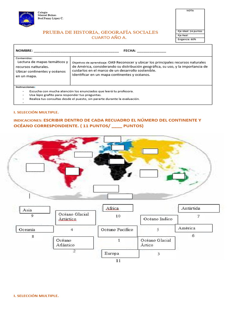 Prueba de HISTORIA Mapas y Continentes | PDF | América del Sur | Los ...
