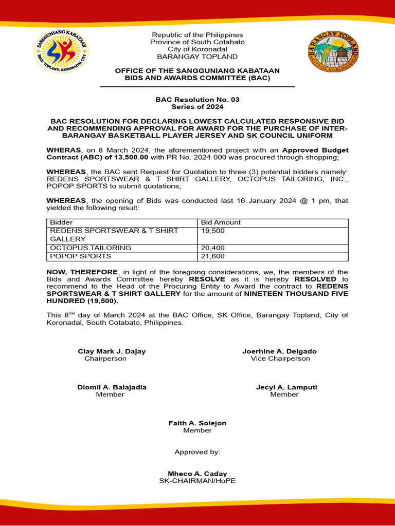 BAC Resolution for Basketball Jersey Bid | PDF