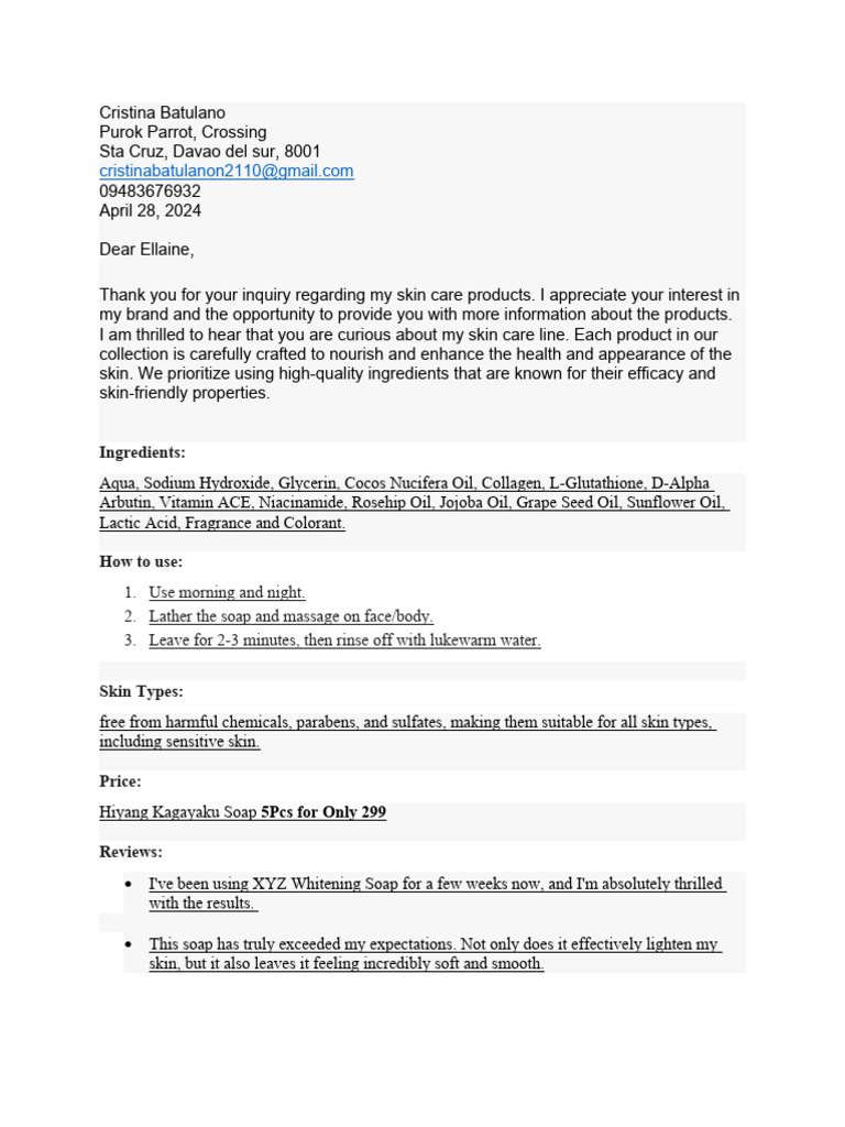Cristina Batulanon Response Letter To Ellaine | PDF | Soap | Skin Care