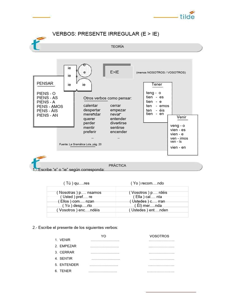 Verbos: Presente Irregular (E Ie) : Teoría | PDF