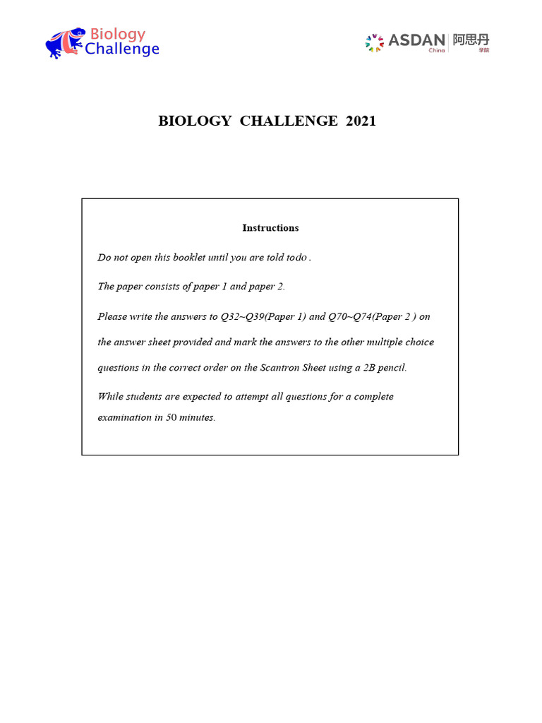Biology Challenge 2021 Paper Final | PDF | Cell (Biology) | Organelle