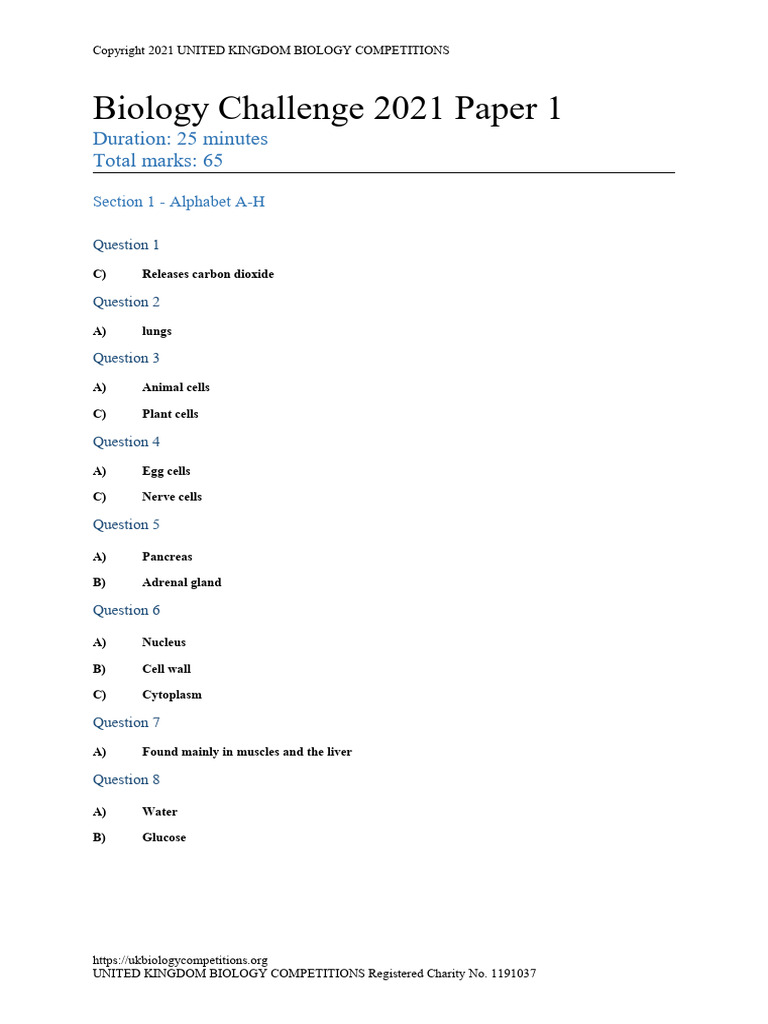 Biology Challenge 2021 Answer Final | PDF | Cell (Biology) | Chloroplast