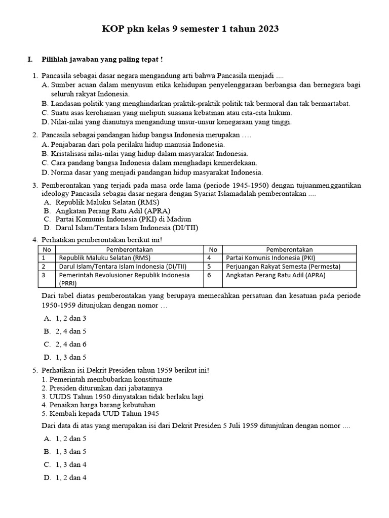 Soal PKN Kelas 9 Semester 1 2023 | PDF