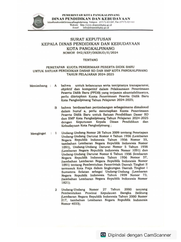 SK Penetapan Kuota PPDB Tahun Pelajaran | PDF