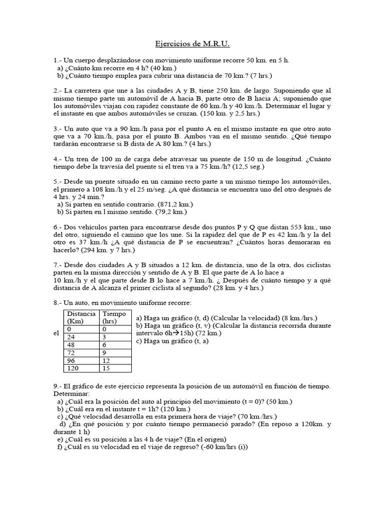 Ejercicios de Mru | PDF | Velocidad