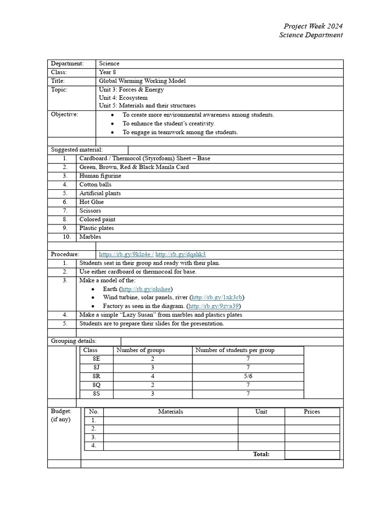 Year 8 Project Week Proposal (Global Warming Working Model) v2 | PDF ...
