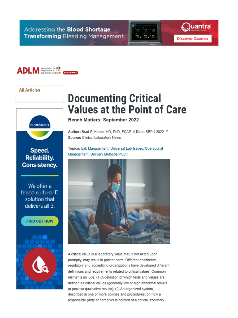 Documenting Critical Values at The Point of Care (2022) - ADLM | PDF ...