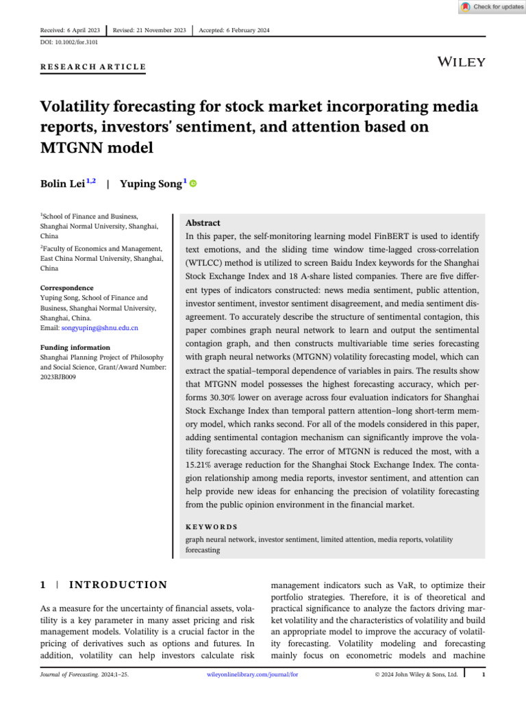 Journal of Forecasting - 2024 - Lei - Volatility Forecasting For Stock ...