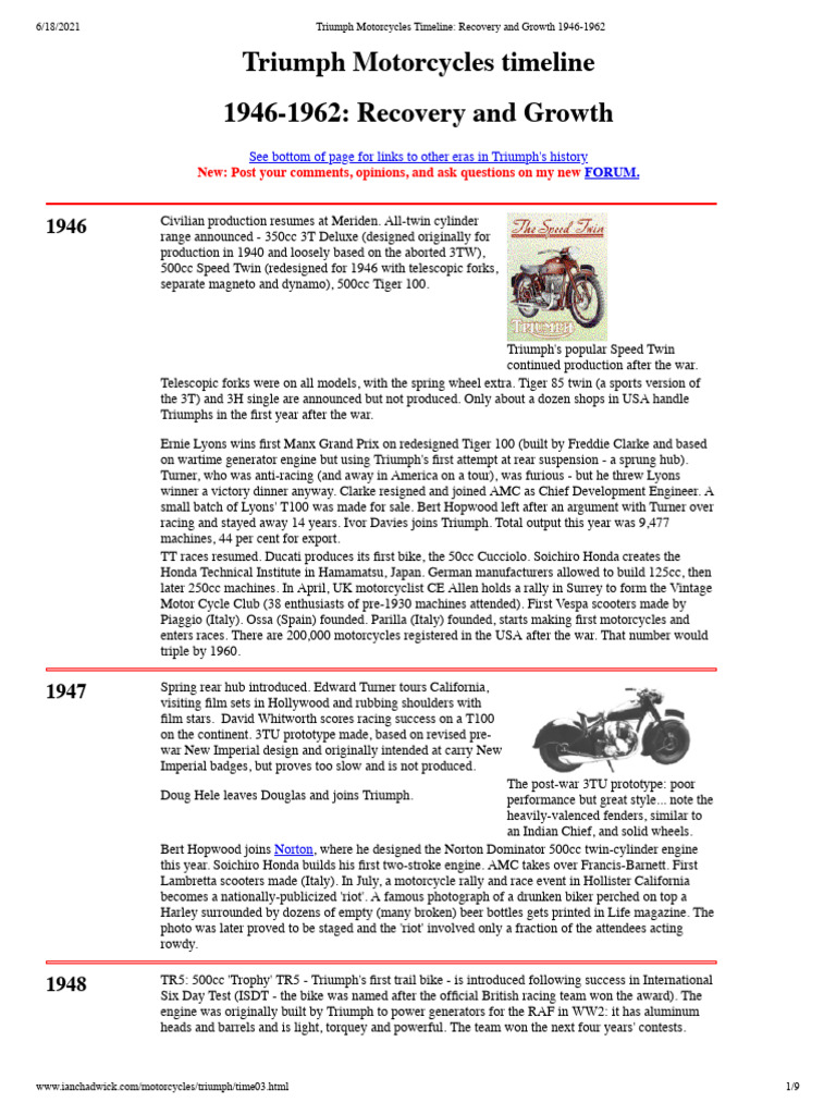 Triumph Motorcycles Timeline - Recovery and Growth 1946 1962 | PDF ...