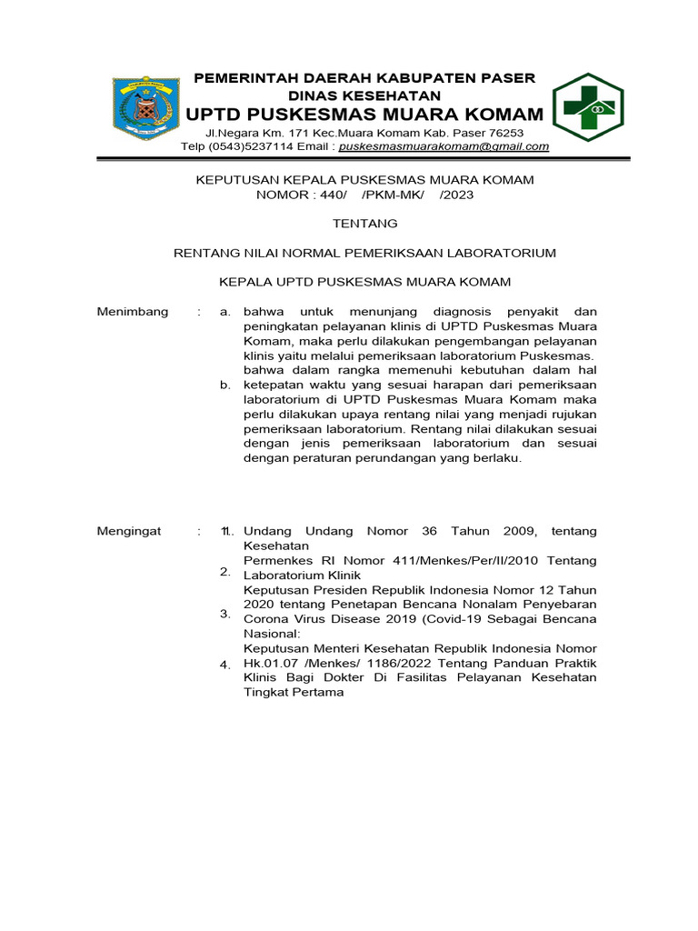 SK Nilai Normal Pemeriksaan Laboratorium (Baru) | PDF