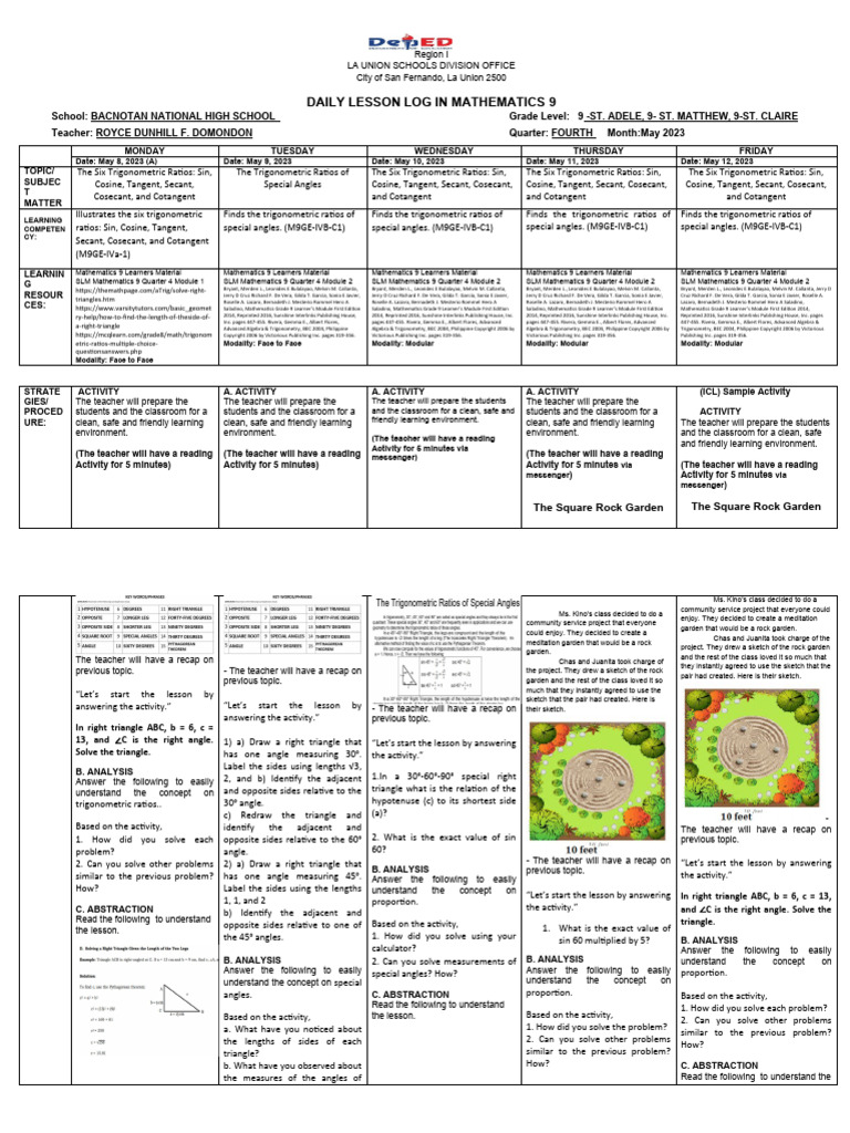 Domondon DLL Quarter 4 Week 3 | PDF | Trigonometric Functions | Triangle