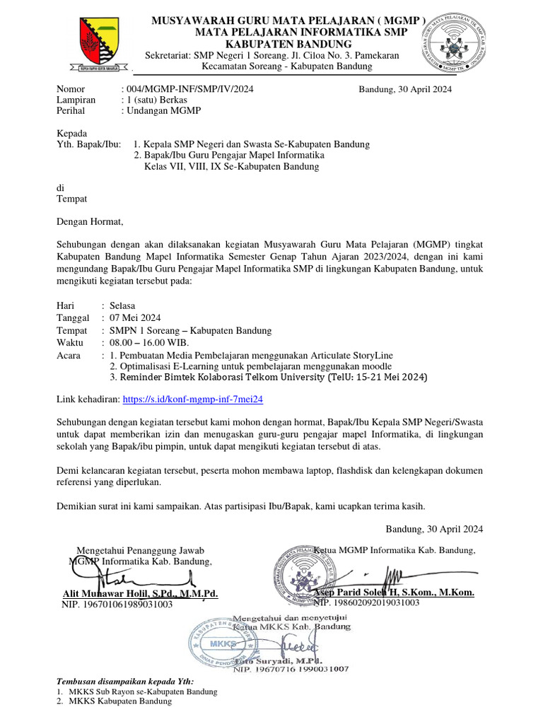 Surat Undangan MGMP Inf - 7 Mei 2024 | PDF | Sains & Matematika