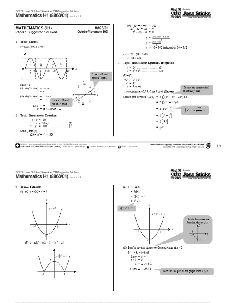 Gce A Level 2008 h1 Maths 8863 Paper 1 Solutions | PDF | Mathematics | Mathematical Analysis