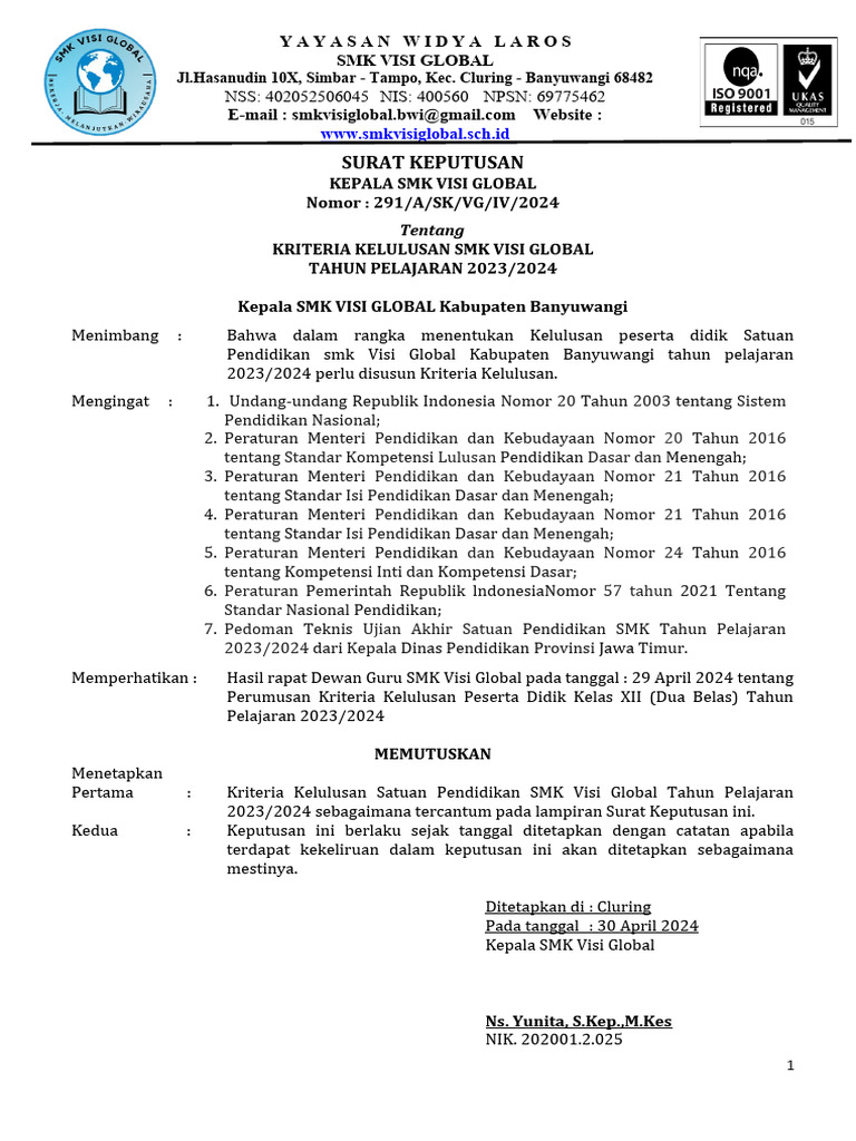 Kriteria Kelulusan SMK Visi Global 2024 | PDF