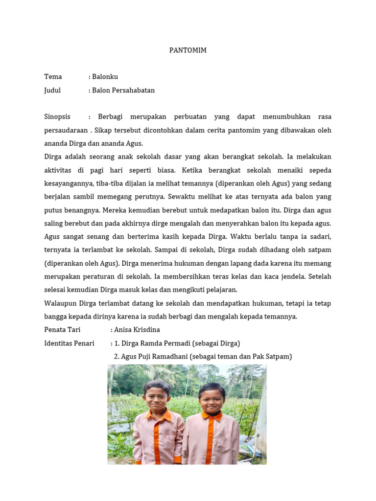 Sinopsis Pantomim Balon Persahabatan | PDF