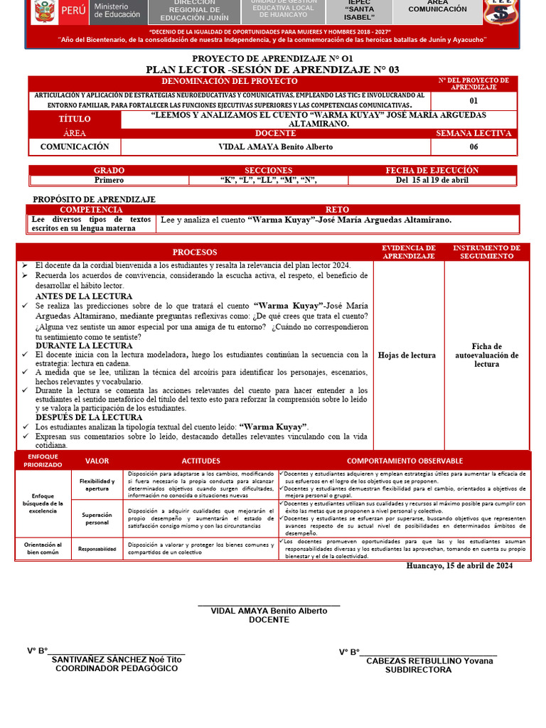 SESIÓN PLAN LECTOR 03-PdA 01 - Warma Kuyay - 1° | PDF | Comportamiento | Ciencias del comportamiento