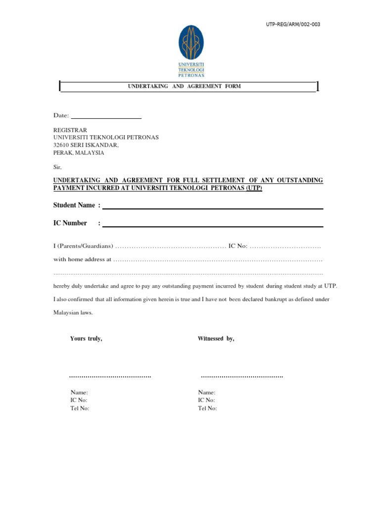 UTP Undertaking and Agreement Form | PDF