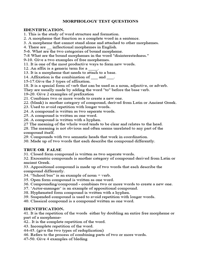 Morphology Test Questions | PDF | Word | Morphology (Linguistics)