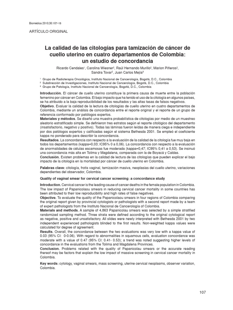 La Calidad De Las Citologías Para Tamización De Cáncer De Cuello