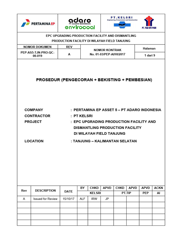 Prosedur (Pengecoran + Bekisting + Pembesian) | PDF