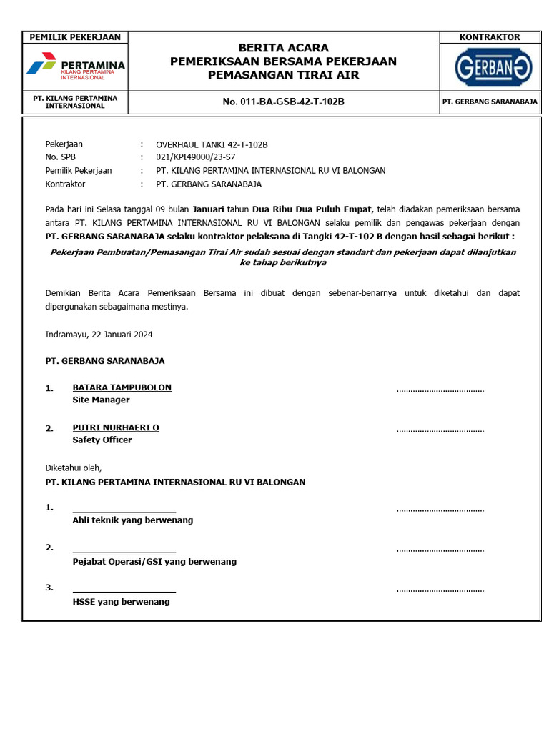 Pemeriksaan Pemasangan Tirai Air | PDF