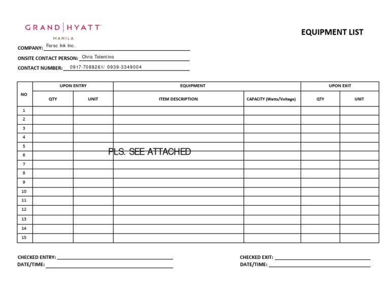 Grand Hyatt Manila - Equipment list form v3 | PDF